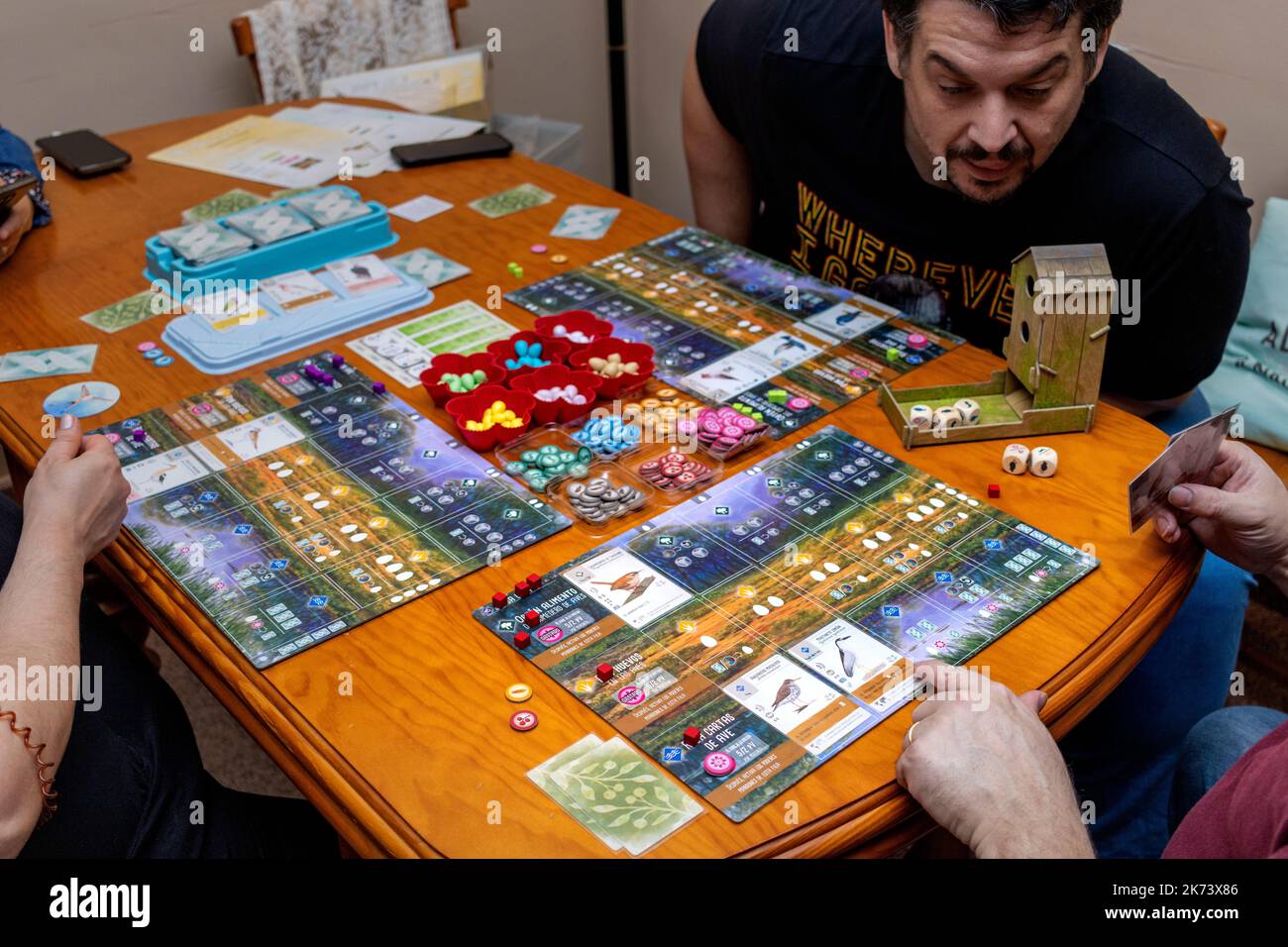 Board game concept. Board game field, many figures, dice and coins ...