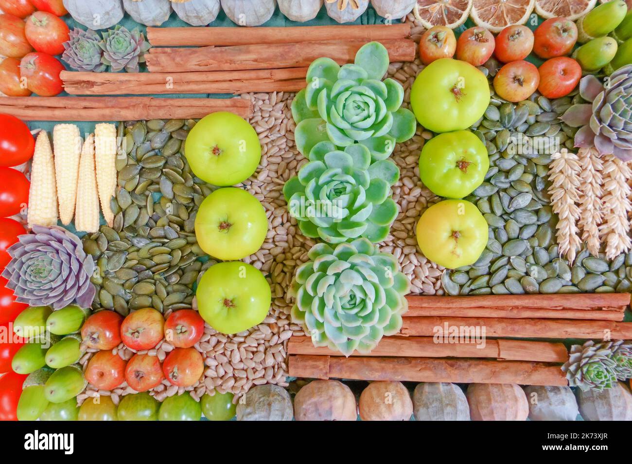 Harvest festival display containing fruit and seeds Worcestershire ...