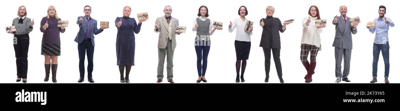 group of happy people with gifts in their hands isolated Stock Photo ...