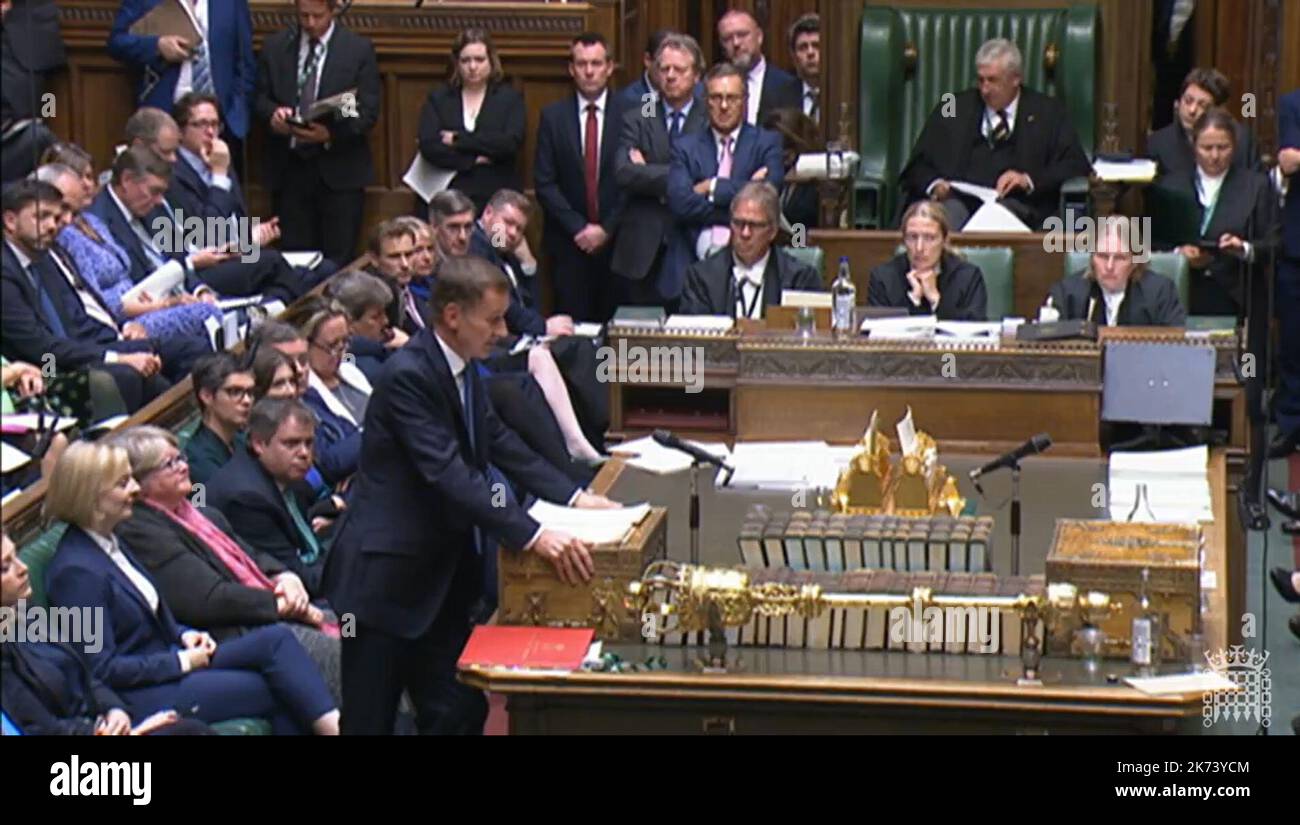 Screen grab of Chancellor of the Exchequer Jeremy Hunt speaking in the ...