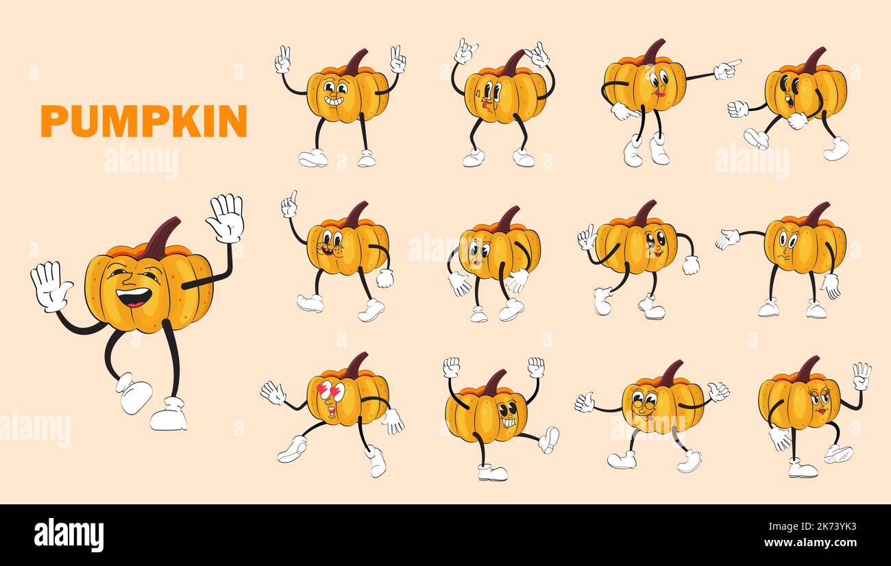 Pumpkin mascot in retro style. Planet with gloved hands. Sticker pack ...