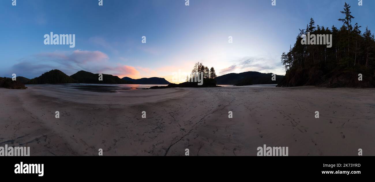 Sandy beach on Pacific Ocean Coast Panoramic View. Sunset Sky. San ...