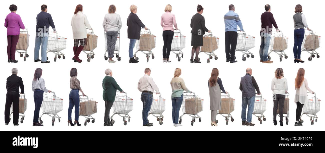 a group of people with a cart stand with their backs isolated Stock ...