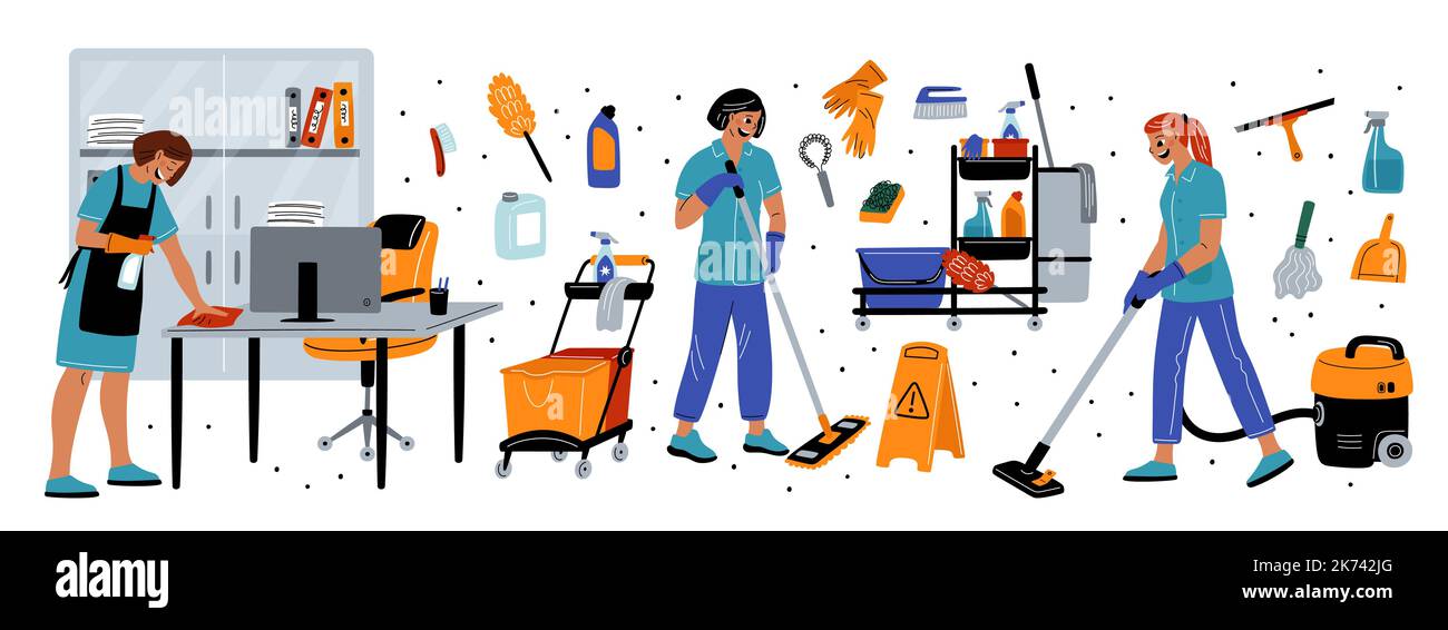 Cartoon cleaning service equipment. Professional housekeeper ...
