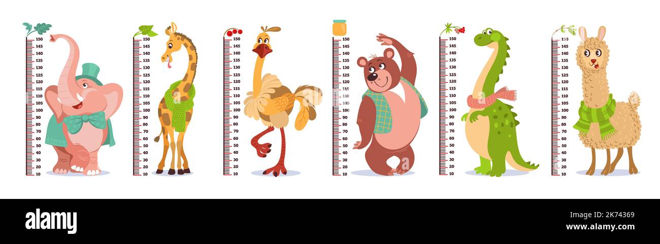 Cartoon kids growth rulers. Cute animals with wall measuring meter ...