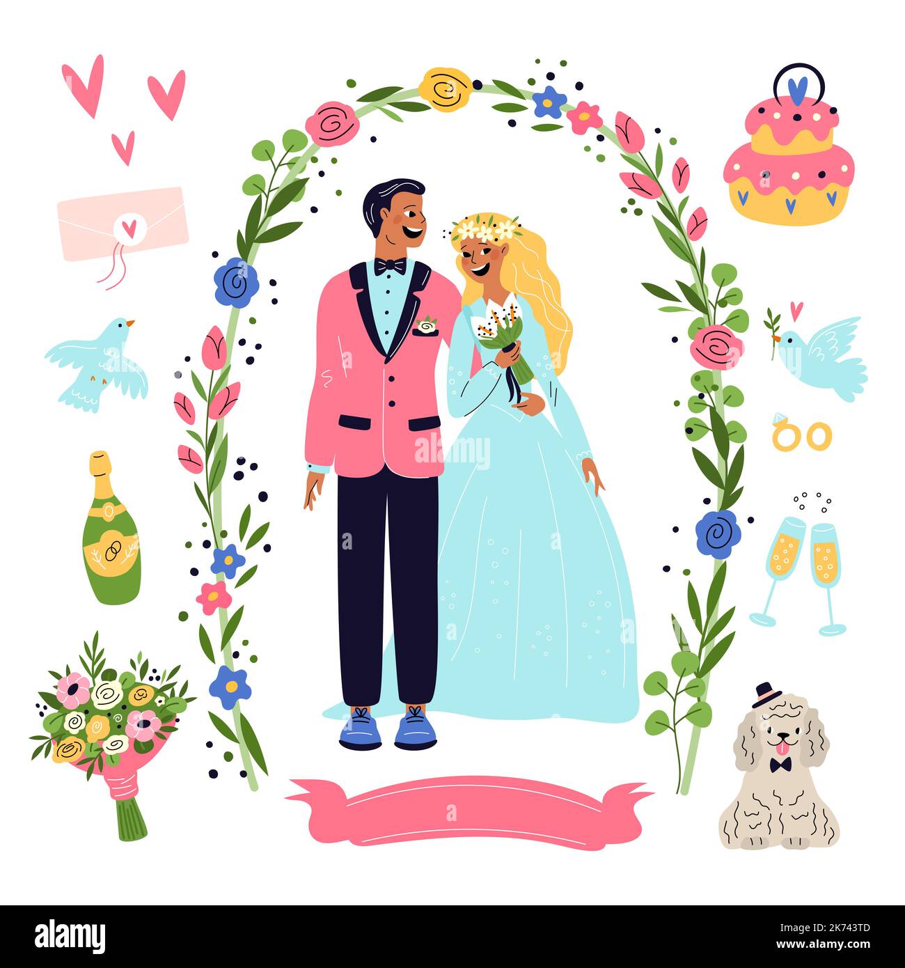 Cartoon wedding elements. Romantic couple characters in ceremonial ...