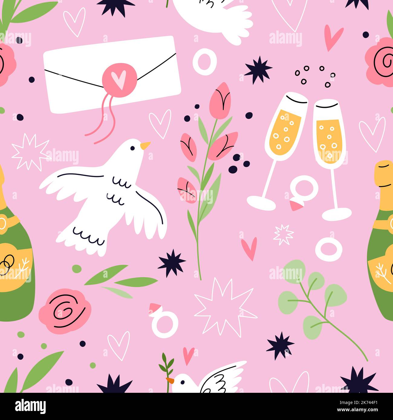 Cartoon wedding seamless pattern. Delicate romantic print. Love symbols ...