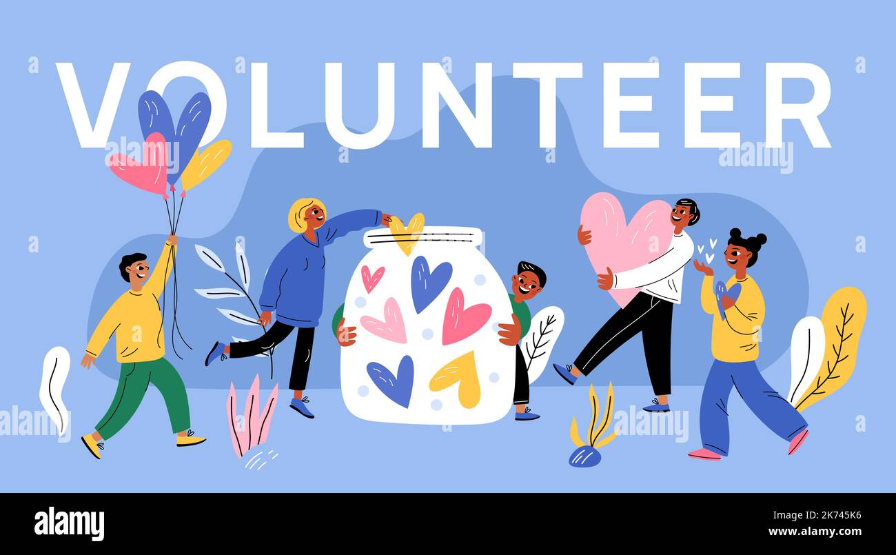 Donation heart concept. Tiny people put big love symbols in jar ...