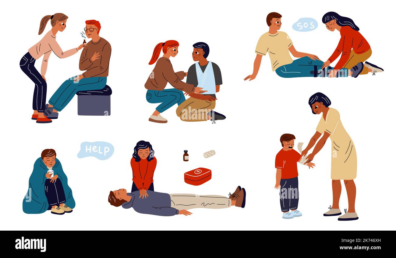 First medical aid scenes. Emergency procedures. Saving persons life. Medics help to victims ...