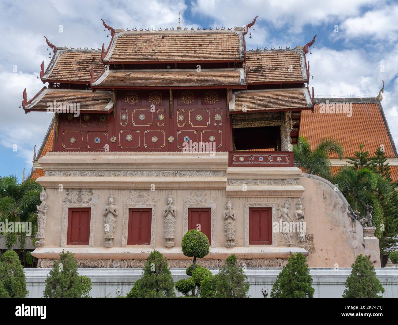 Side view of ancient Hor Trai library with beautiful stucco bas-relief ...