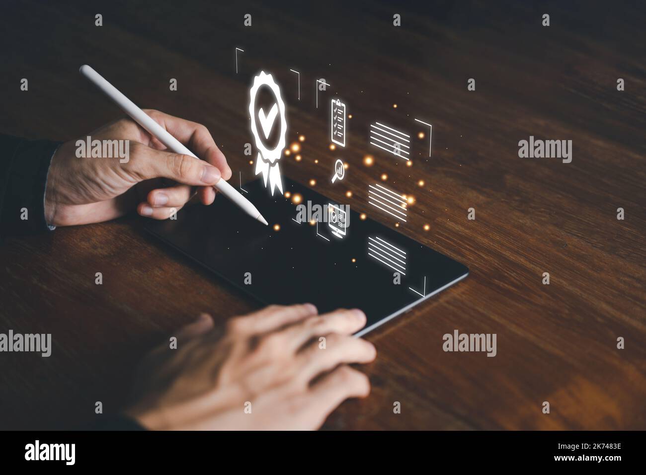 Businessman hand hold smartpen and tablet with good sign and sign of ...