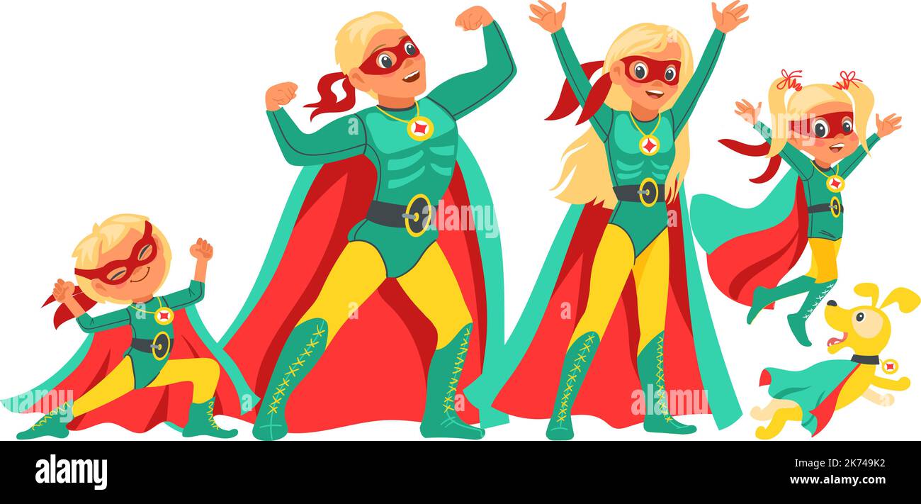 Super hero family. Happy parents with children and pets in colorful ...