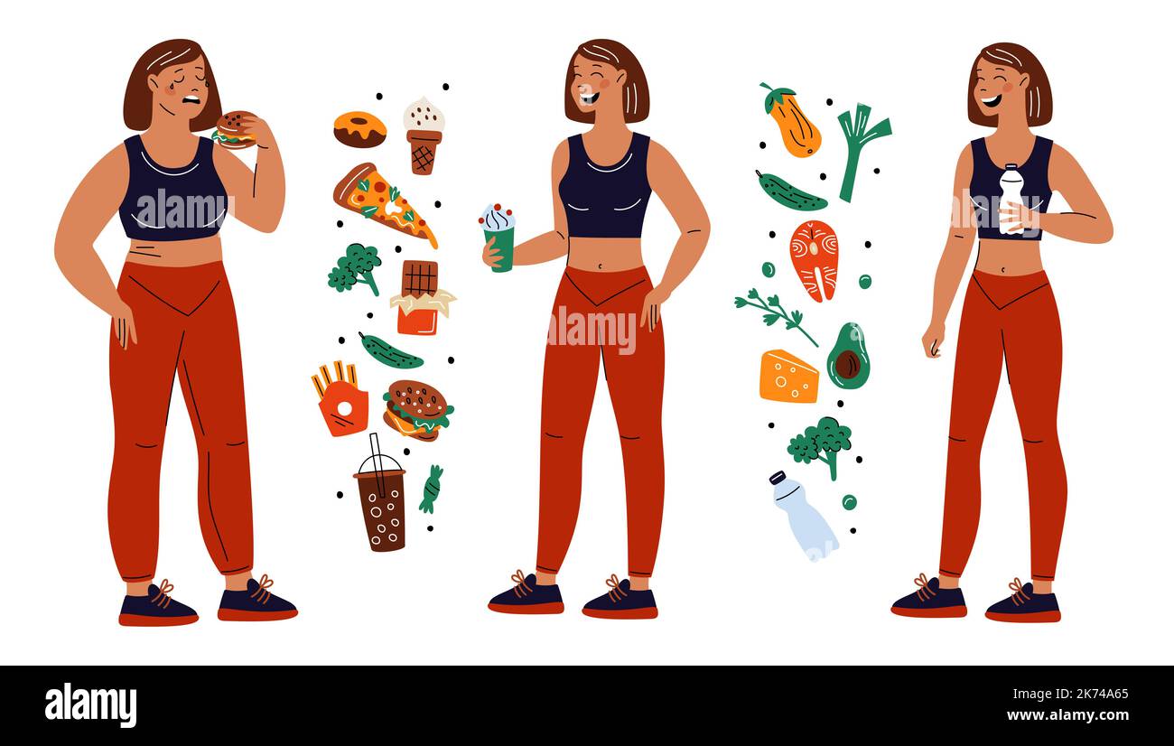 Weight loss stages. Body transformation process from fat to slim. Woman ...