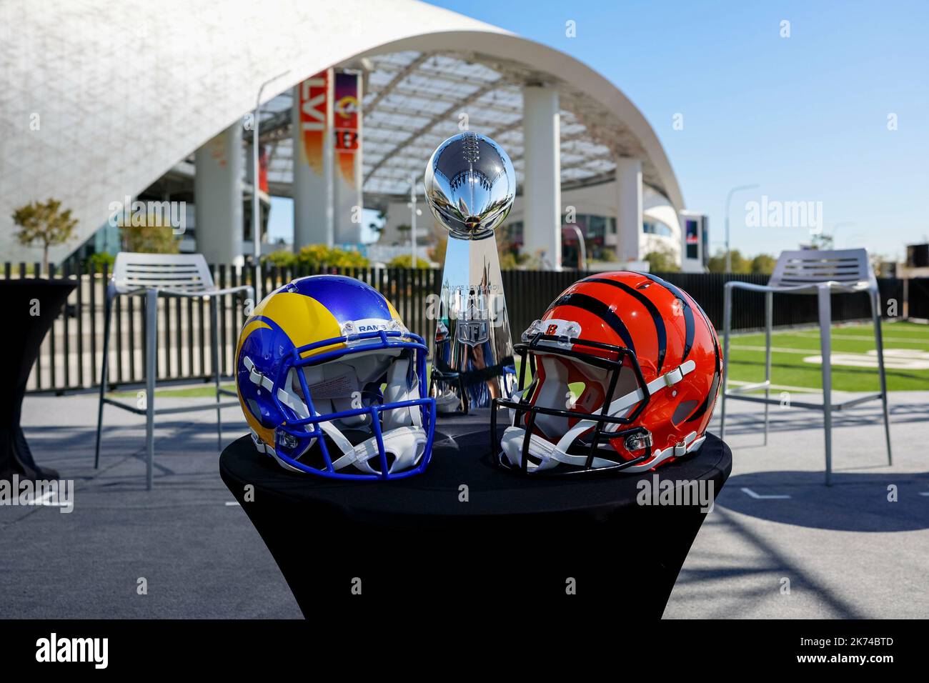 symbolic picture for Super Bowl LVI, trophy and helmets of the ...