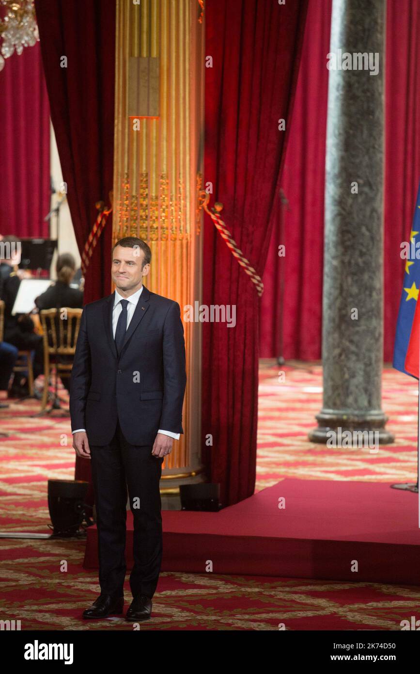 Emmanuel Macron, president de la Republique, Brigitte, son epouse, et ...