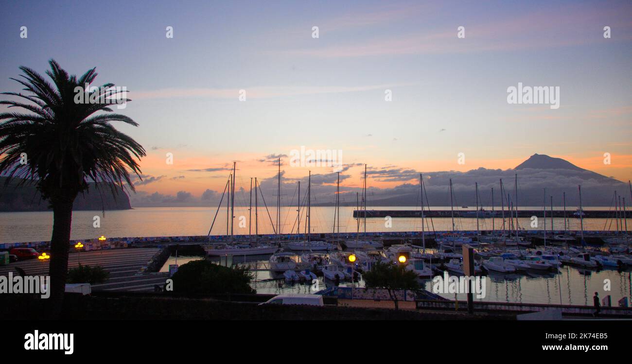 Portugal, Azores, Pico Island, Ponta do Pico volcano, seen from Horta ...