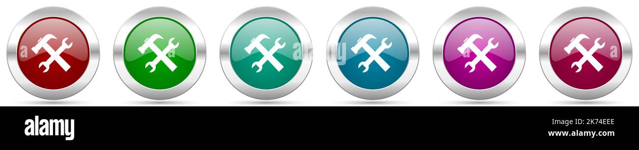 Tools, service silver metallic vector icon set, round glossy buttons with chrome border for web ...