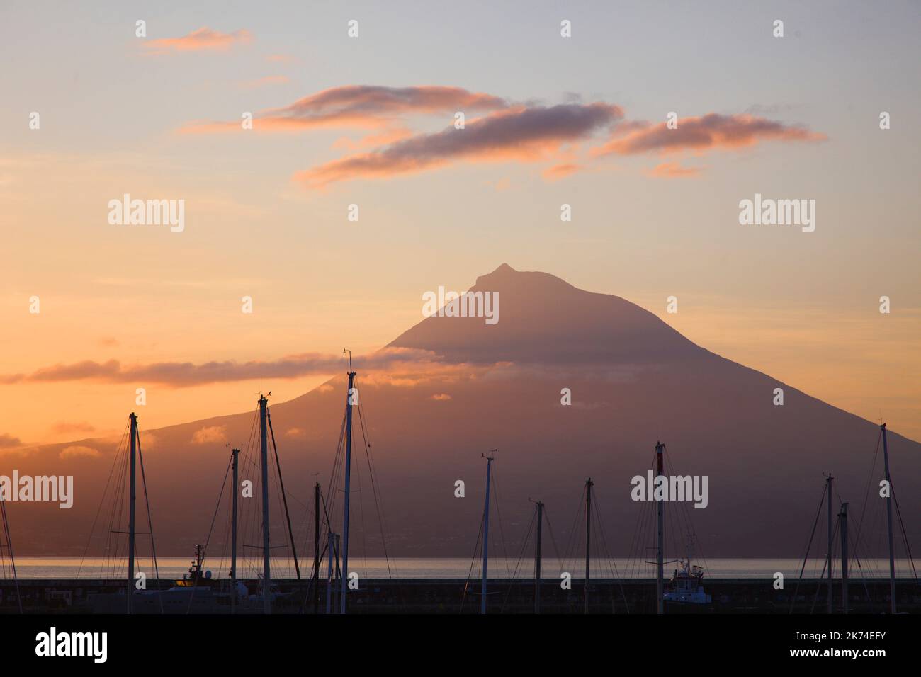 Portugal, Azores, Pico Island, Ponta do Pico volcano, seen from Horta ...