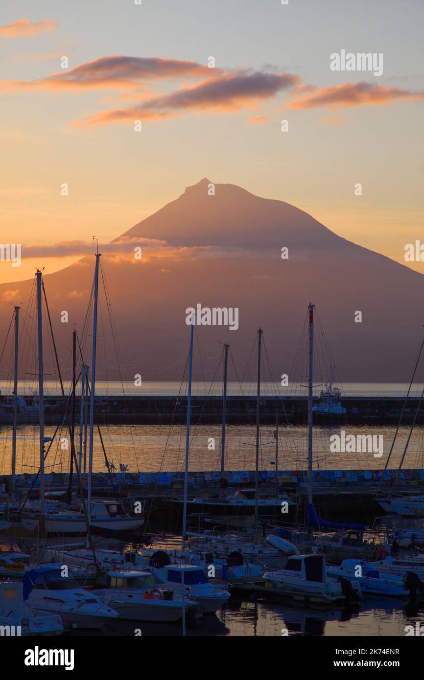Portugal, Azores, Pico Island, Ponta do Pico volcano, seen from Horta ...