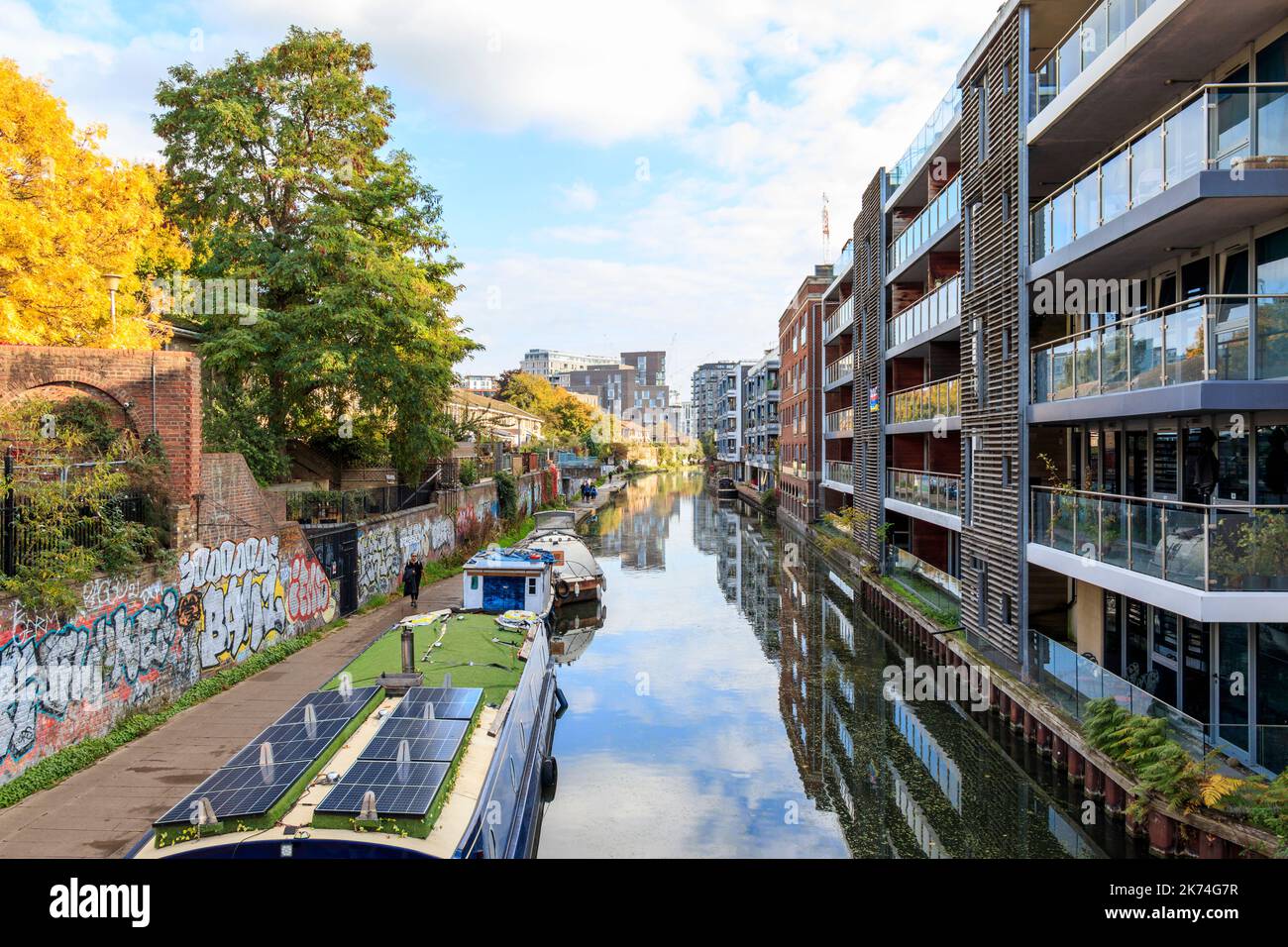 View south-east from St Pancras Way bridge over Regents Canal, London ...