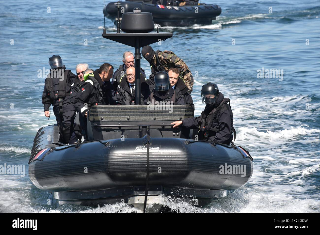 French president Emmanuel Macron arrives on Tugboat the Abeille Bourbon ...