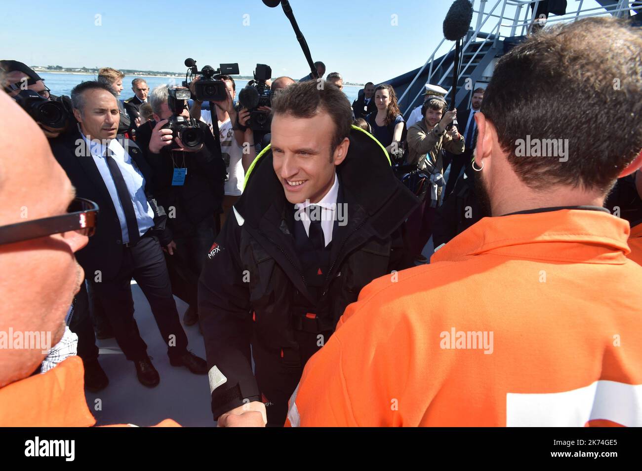 French president Emmanuel Macron arrives on Tugboat the Abeille Bourbon ...