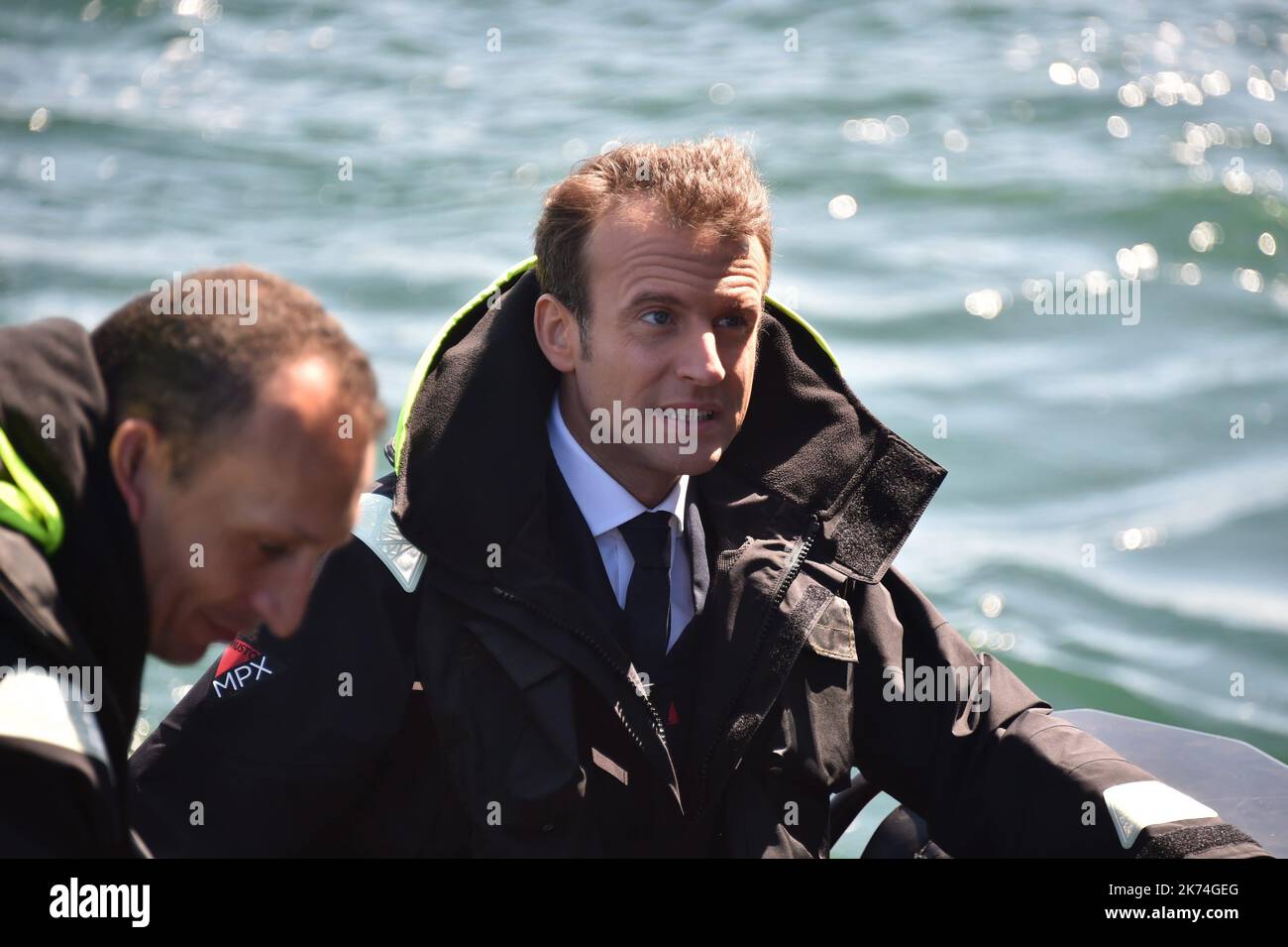 French president Emmanuel Macron arrives on Tugboat the Abeille Bourbon ...