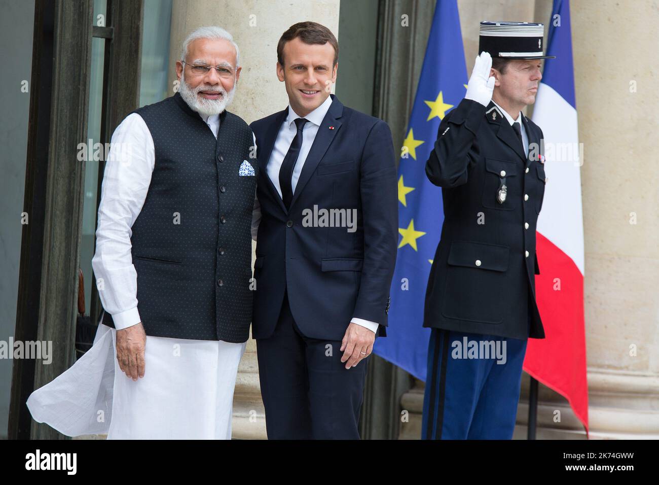 Indian Prime Minister Narendra Modi is welcomed by French President ...