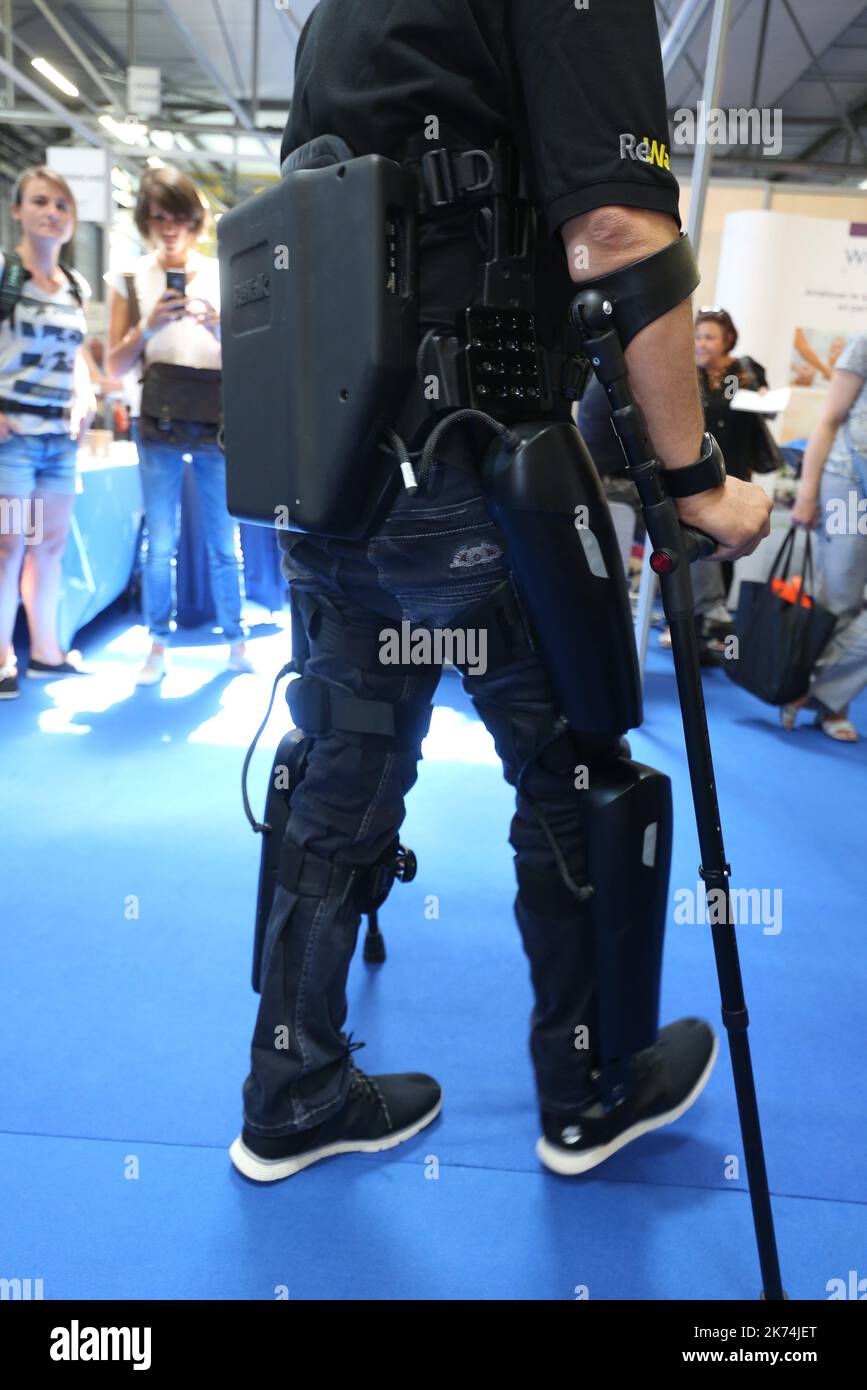 RE WALKER LOGISTICS demonstrates the Medical Exoskeleton, which is used ...