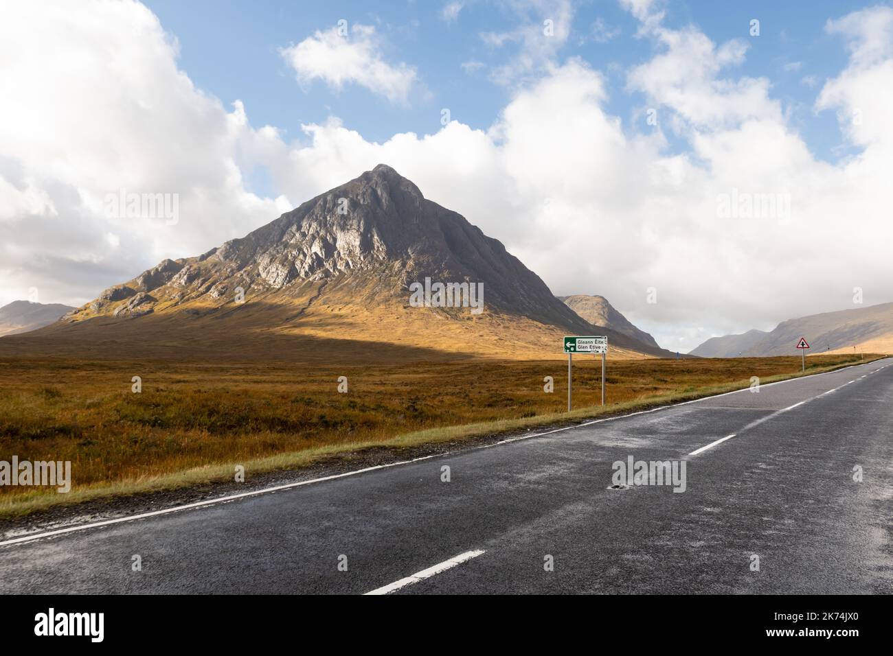 Glen Etive road sign and Buachaille Etive Mor, off A82 road , Glen Coe ...