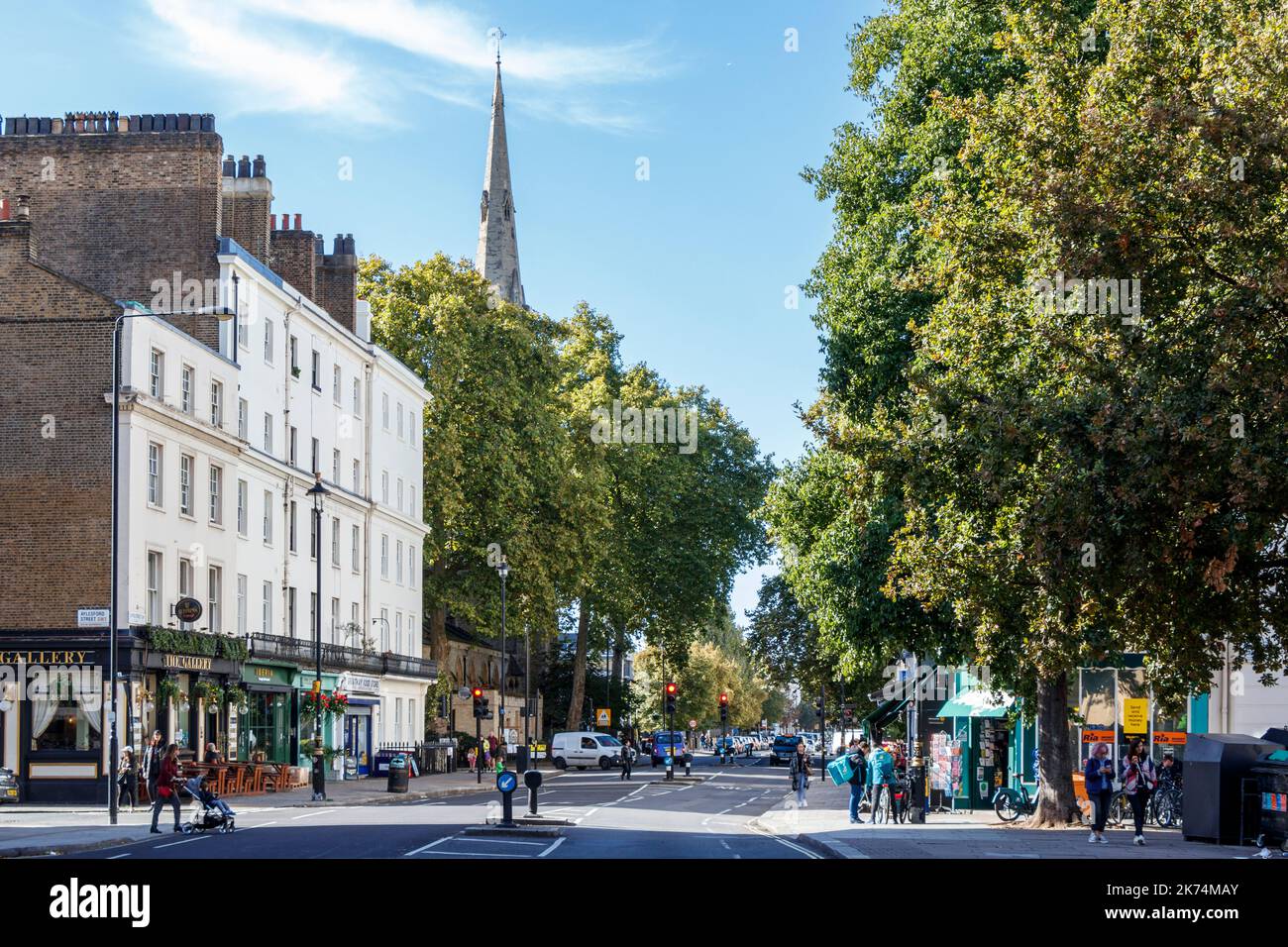 View along Lupus Street in Pimlico, the spire of St Saviour's church ...