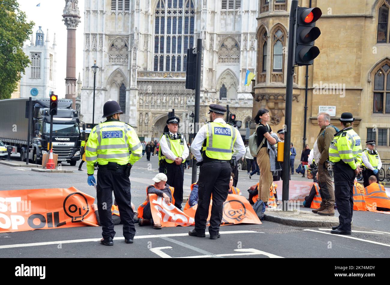 London, UK. 17th Oct, 2022. Just Stop Oil block traffic in Victoria ...