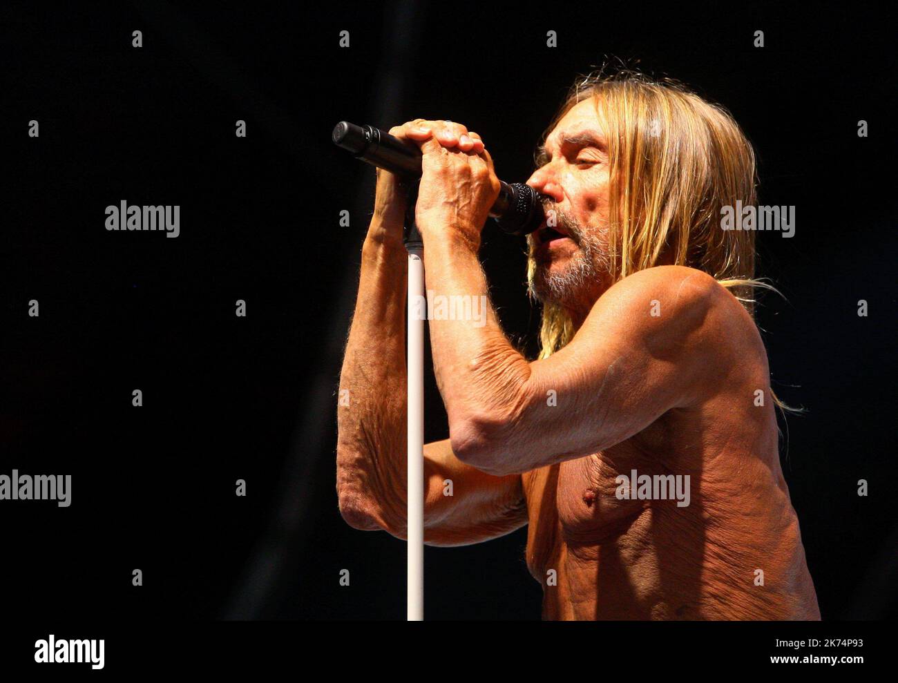 Iggy Pop performing on stage during the Festival Les Deferlantes ...