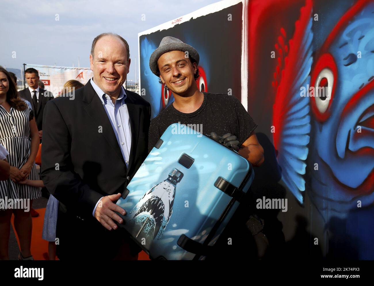 Prince Albert II of Monaco and Anthony Alberti attending the Urban painting around the world ...