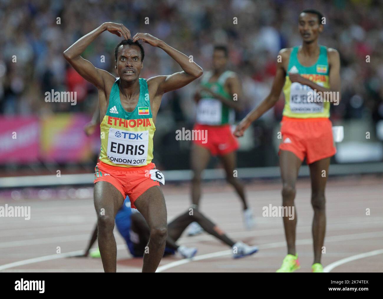 MUKTAR EDRIS , MO FARAH , YOMIF KEJELCHA during day nine of the 2017 ...
