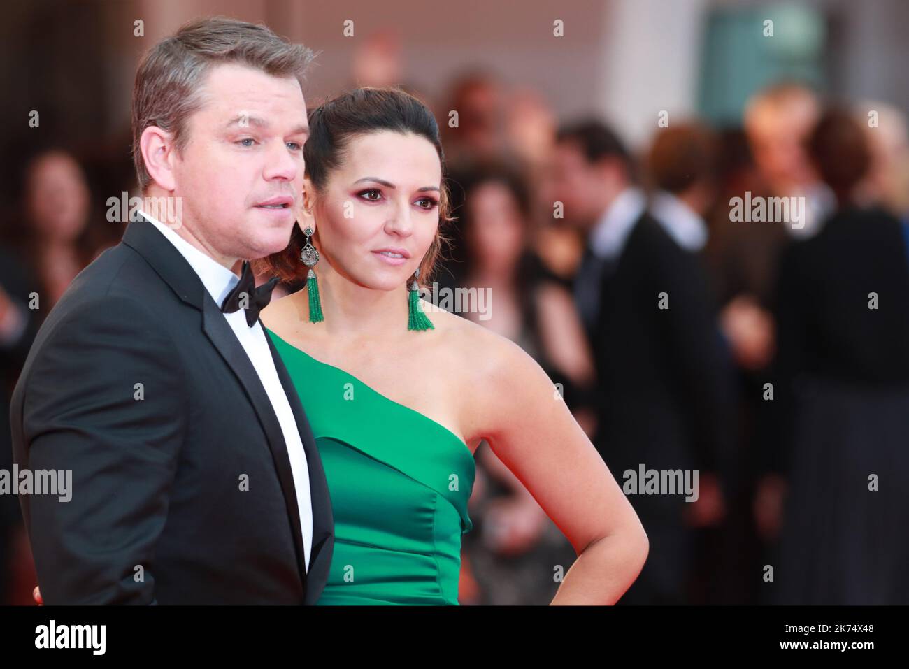 Matt Damon, Luciana Barroso arriving for Suburbicon red carpet premiere ...