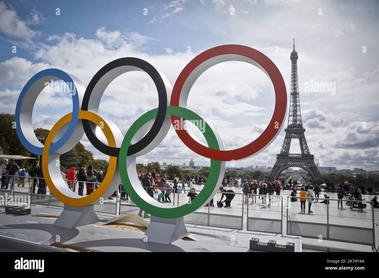 Olympic rings are exposed at place du Trocadero near the Eiffel Tower ...