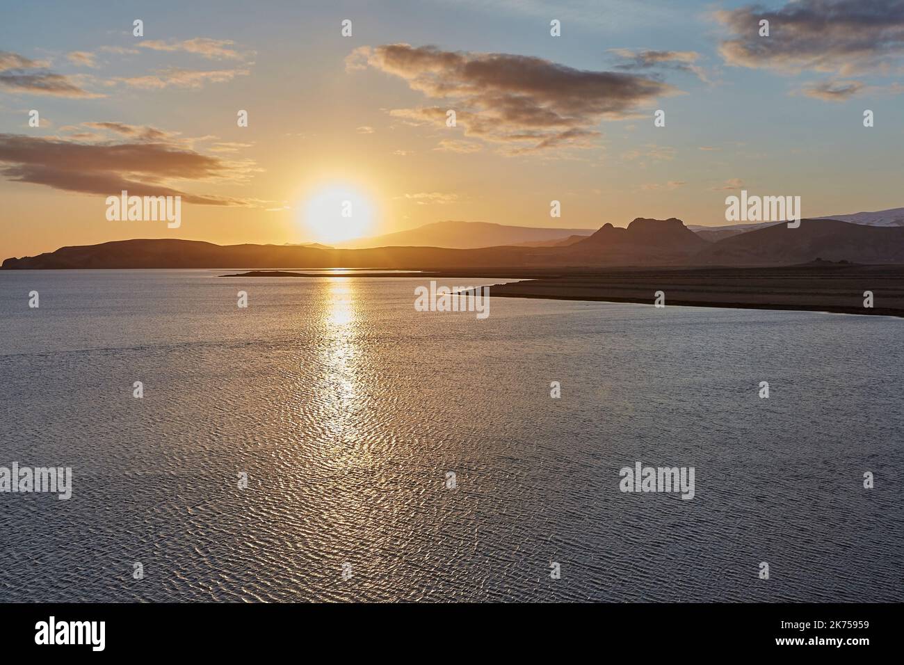 Sunset with Lake and Hilly Landscape Stock Photo - Alamy