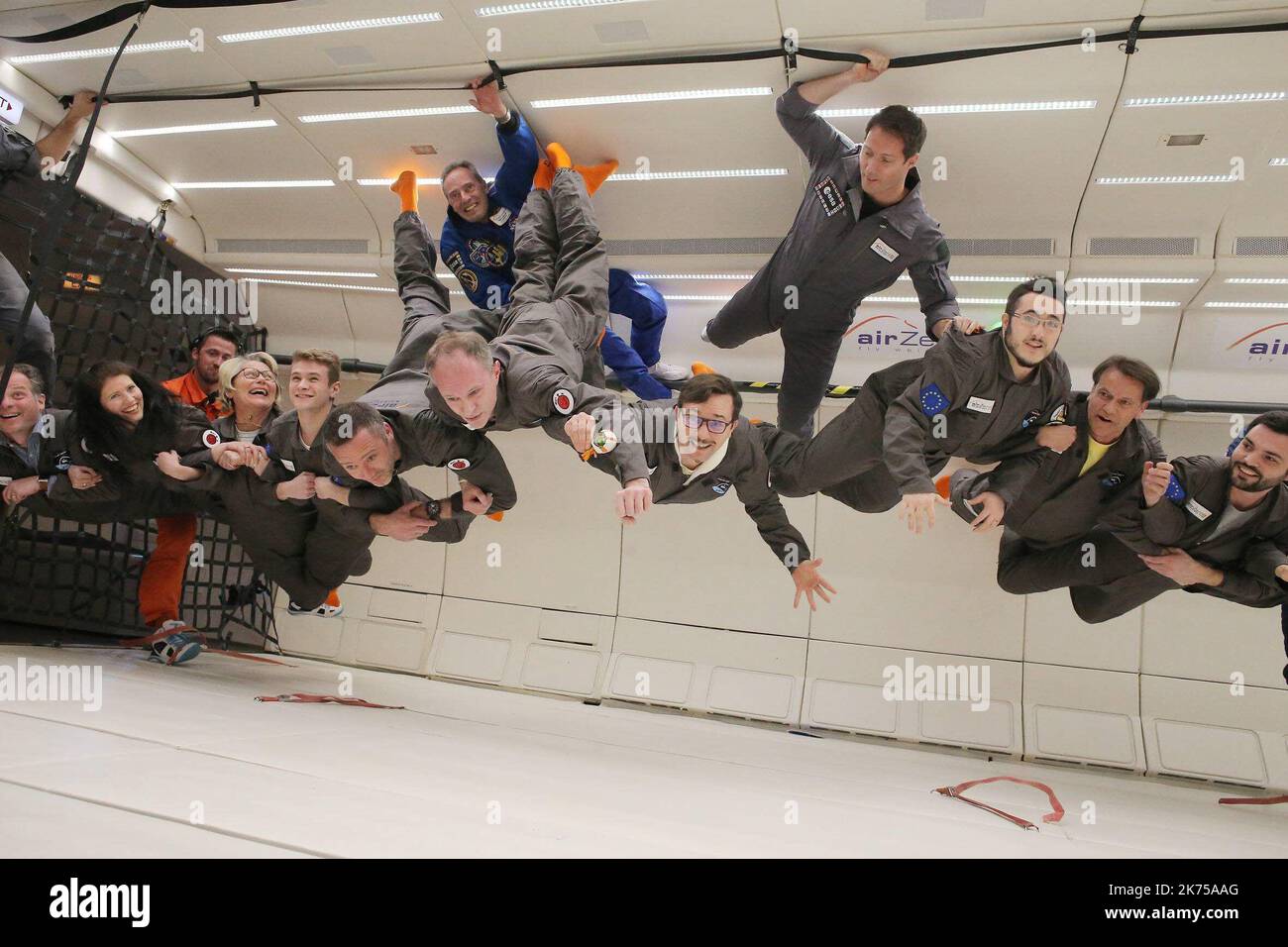 French astronaut Thomas Pesquet in the Zero G Novespace flight Stock ...