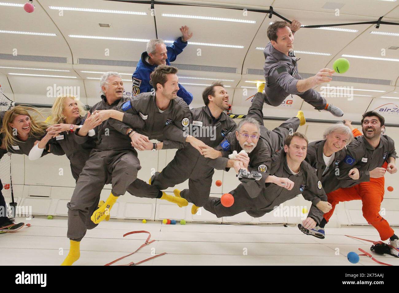 French astronaut Thomas Pesquet in the Zero G Novespace flight Stock ...