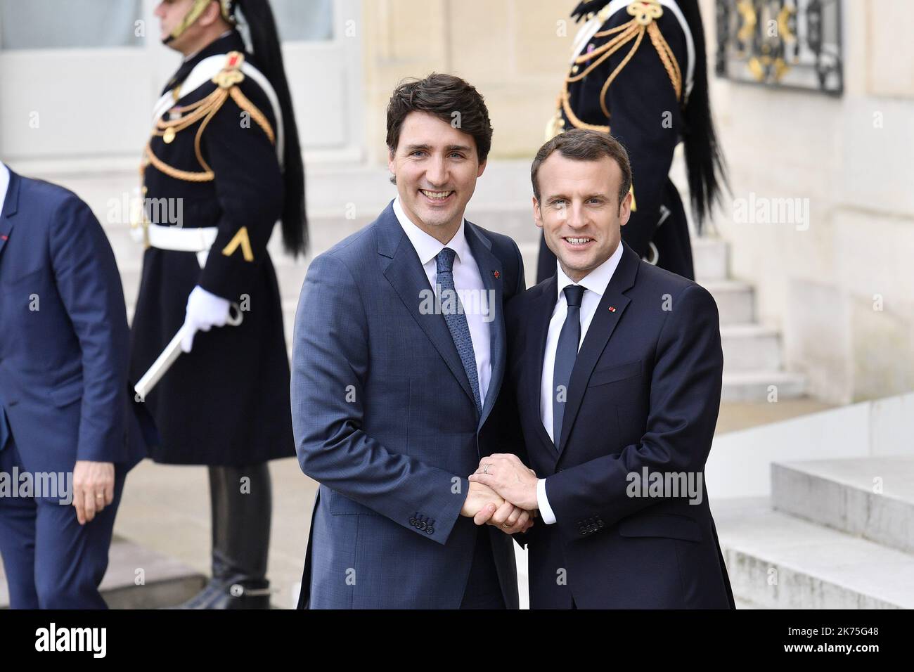 President of the Republic, Emmanuel Macron welcoming the Canadian Prime ...