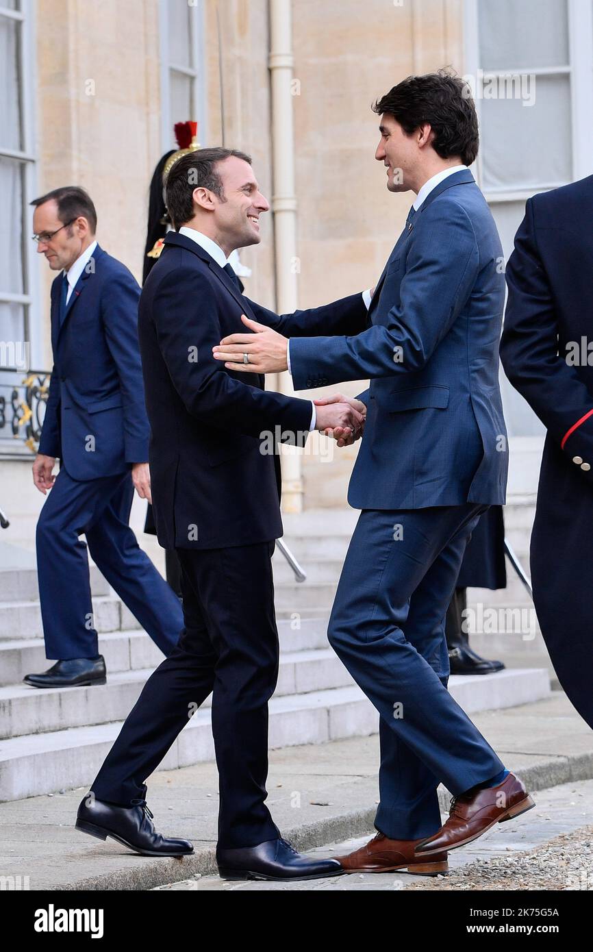 President of the Republic, Emmanuel Macron welcoming the Canadian Prime ...