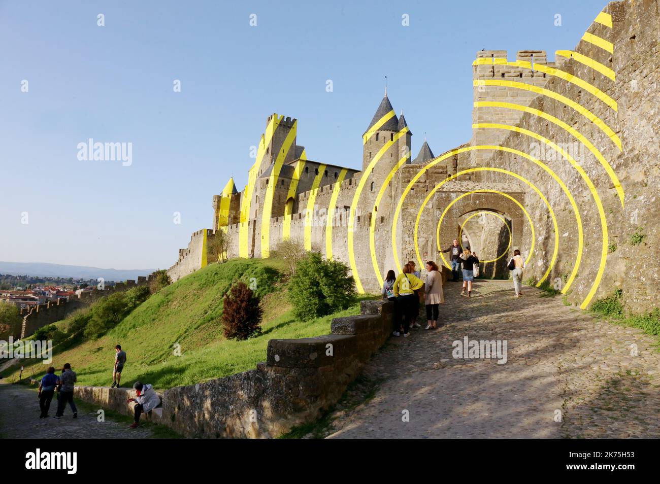 Carcassonne, France, april 19th 2018 Switzerland artist Felice Varini ...