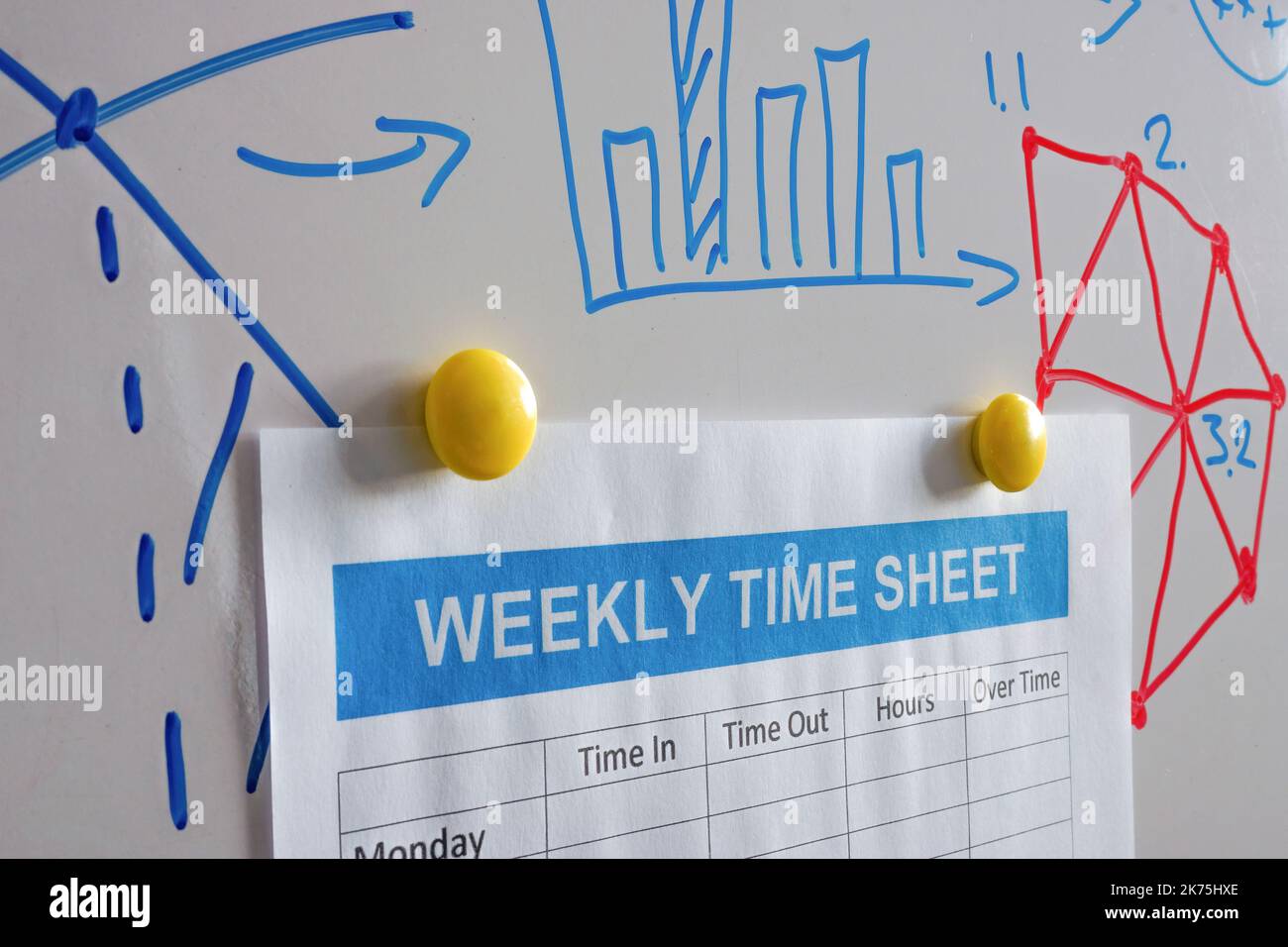 Weekly time sheet pinned to the whiteboard in the office Stock Photo ...