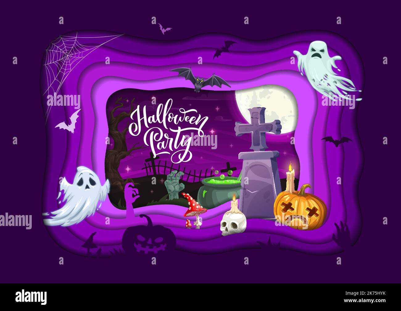 Halloween paper cut flying ghosts and tombs. Vector 3d poster with ...