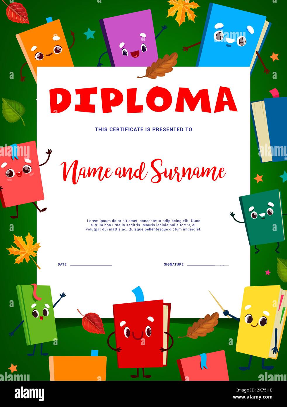 Kids diploma cartoon cute school textbooks and books. Education vector ...