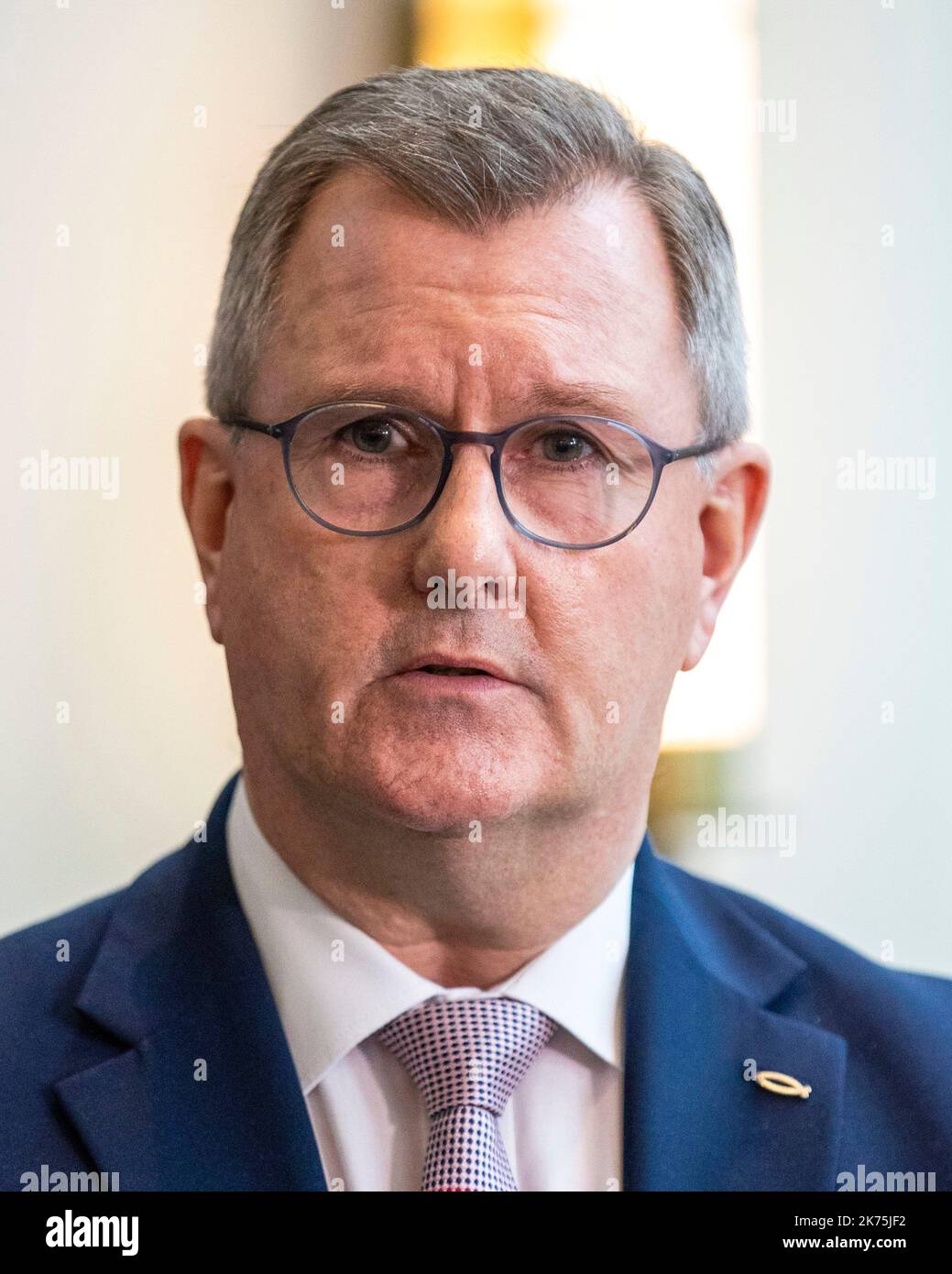 Sir Jeffrey Donaldson MP,leader of the DUP, gives his reaction after ...