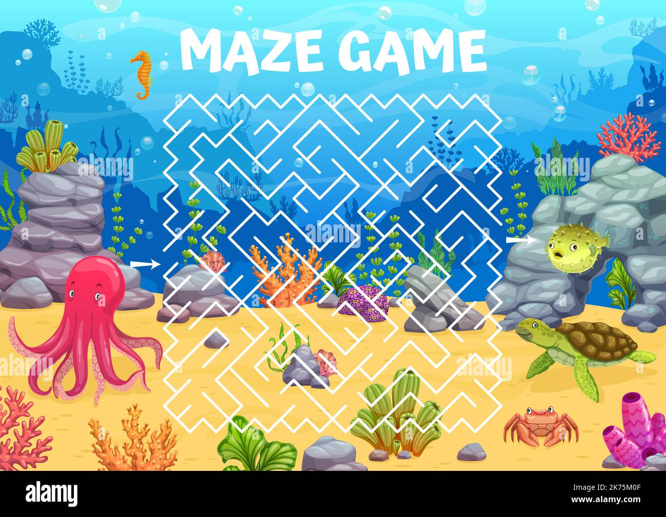 Labyrinth maze game, cartoon underwater landscape and animals. Kids ...
