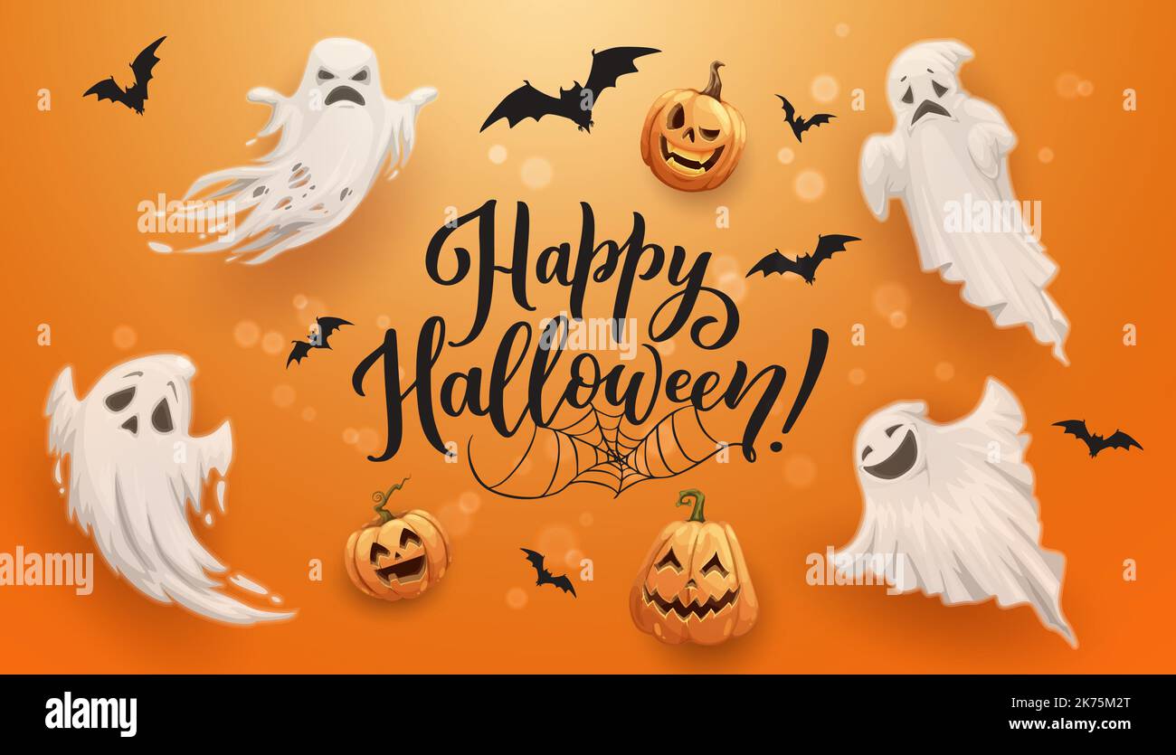 Halloween holiday poster. Flying ghosts, pumpkins and bats. Halloween ...