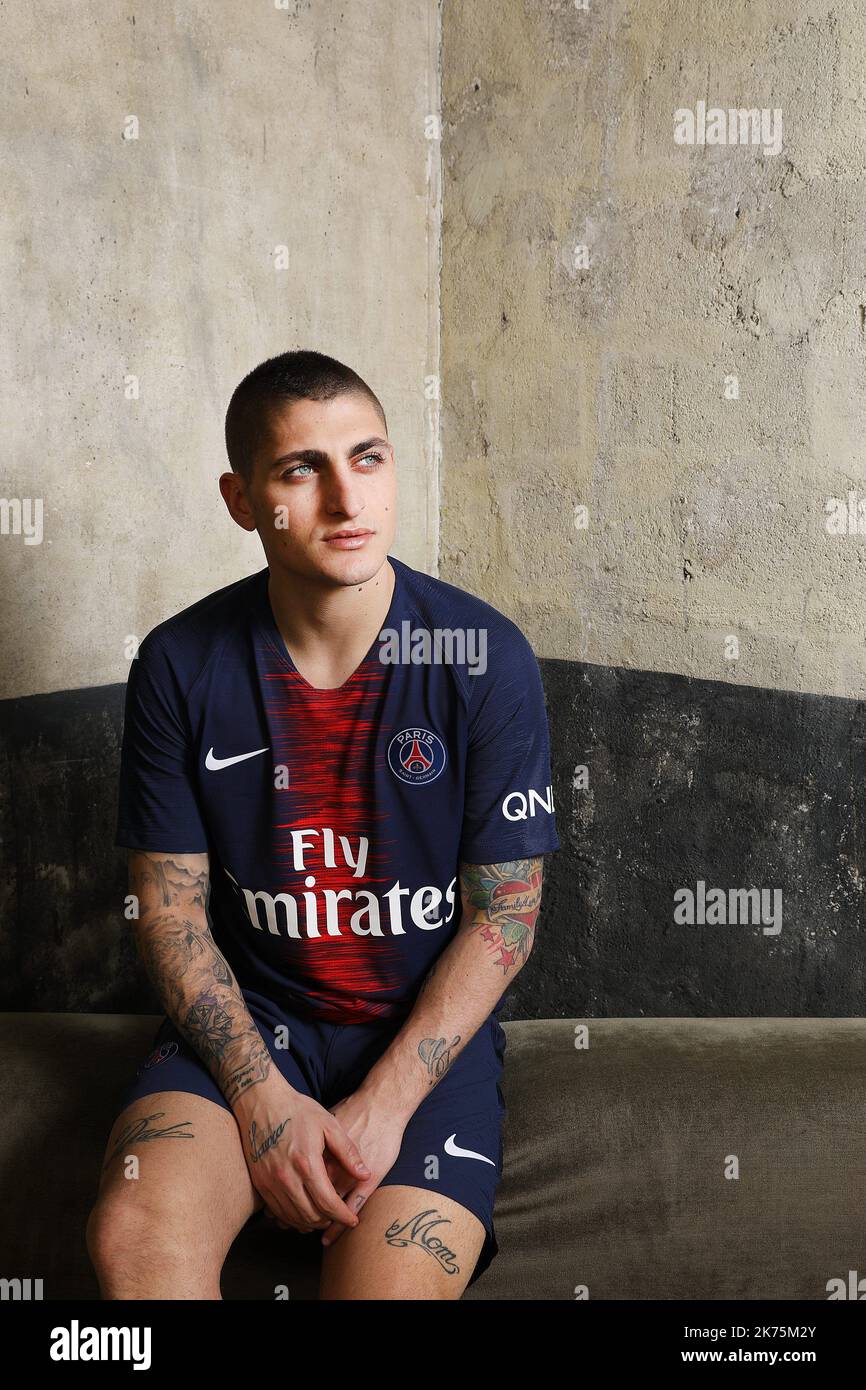 Football player Marco Verratti wearing their new kit in Paris May 10 ...